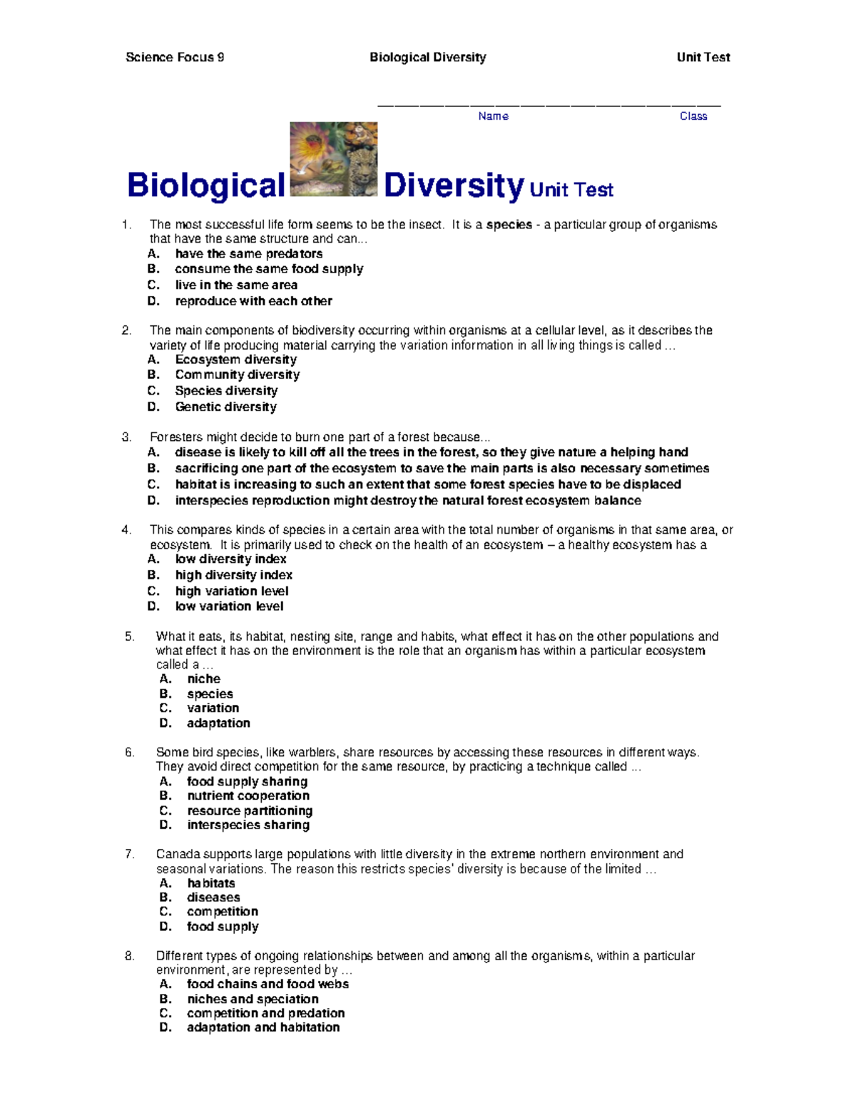 Sf91ut - Quiz on Biological Diversity Concepts and Ecology - Studocu