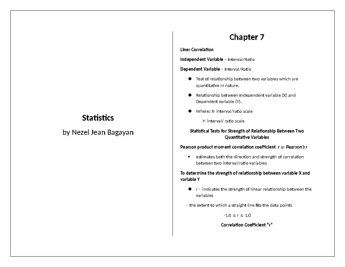 Finals Statistics Reviewer: Chapter 7 on Linear Correlation Analysis - Studocu