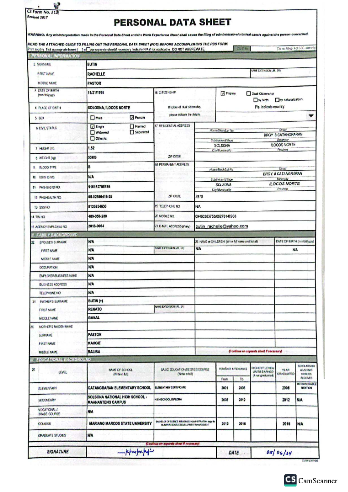 CS Form 212 (Revised 2017) - Personal Data Sheet for Rachelle Butin ...