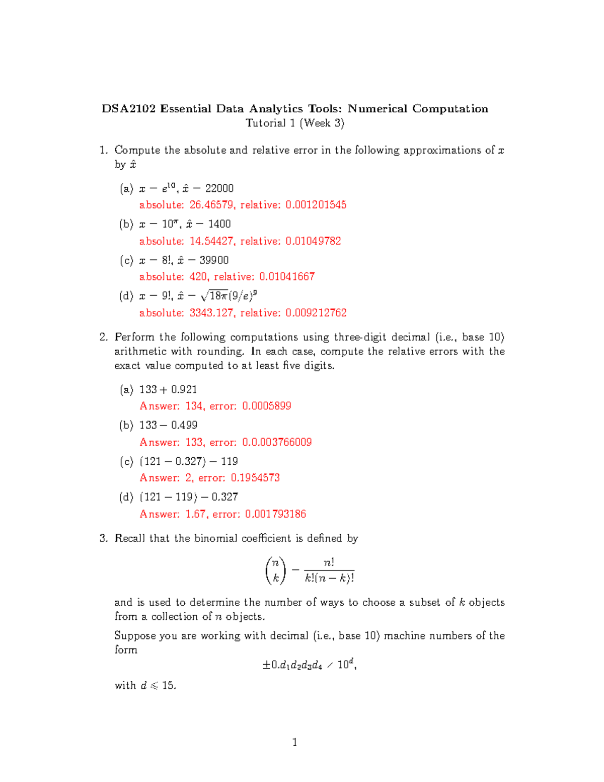 DSA2102 Numerical Computation Tutorial 1 Solutions - Studocu
