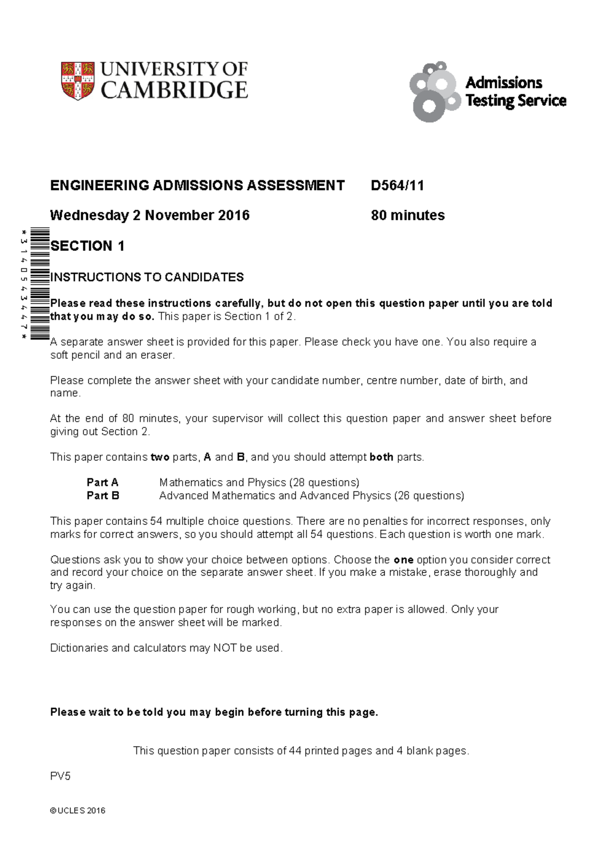 Engaa 2016 Engineering Admissions Assessment Section 1 Overview - Studocu