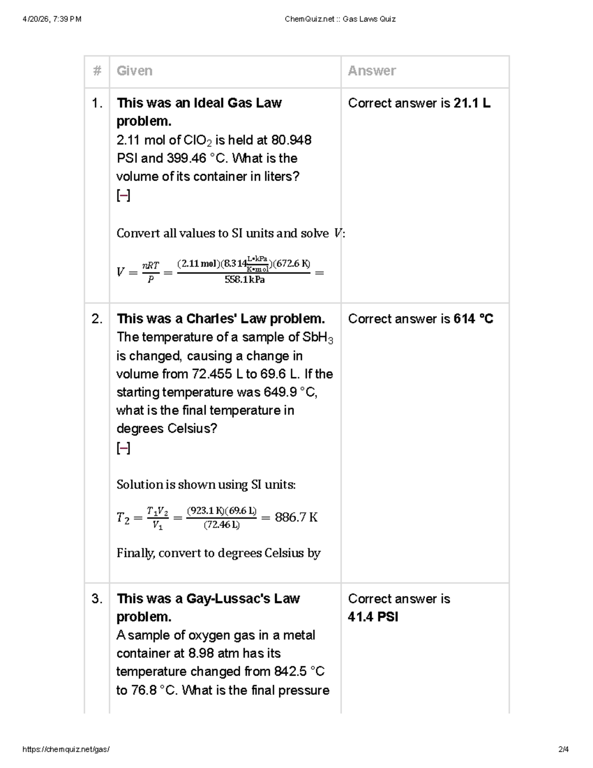 Chem 101: Practice Gas Laws Quiz and Solutions - Studocu