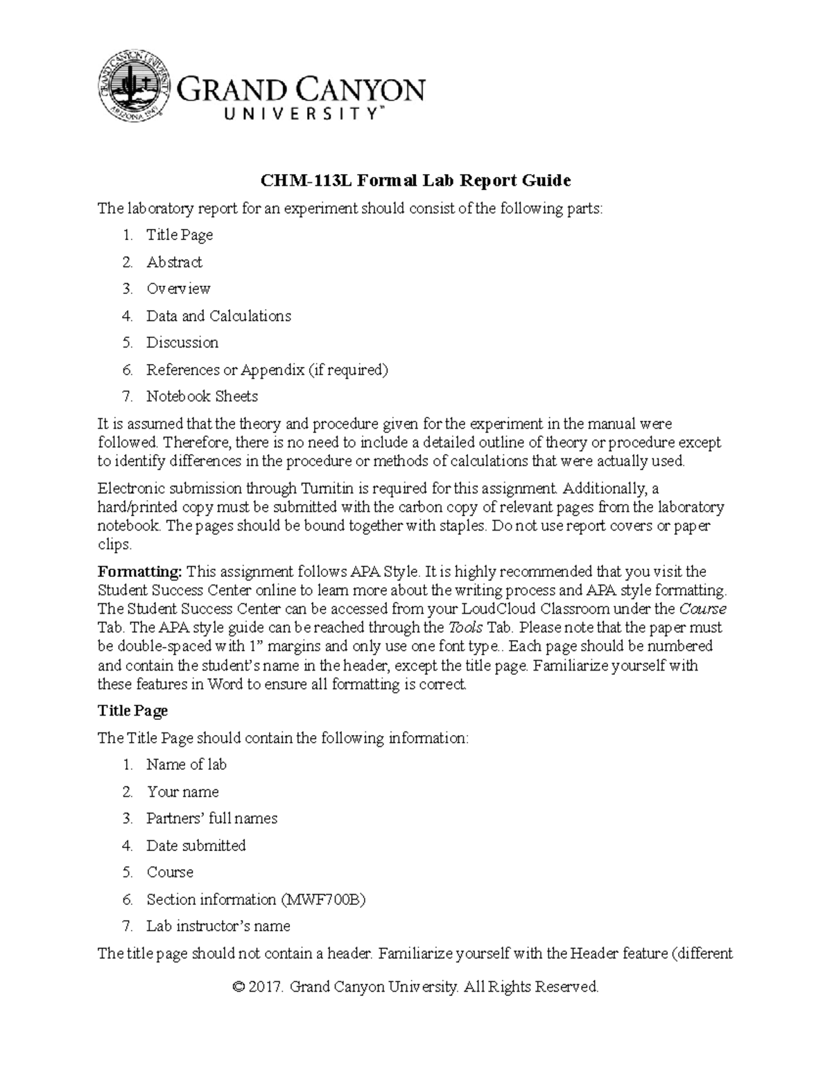 CHM 113L RS Formal Lab Report Structure and Guidelines - Studocu