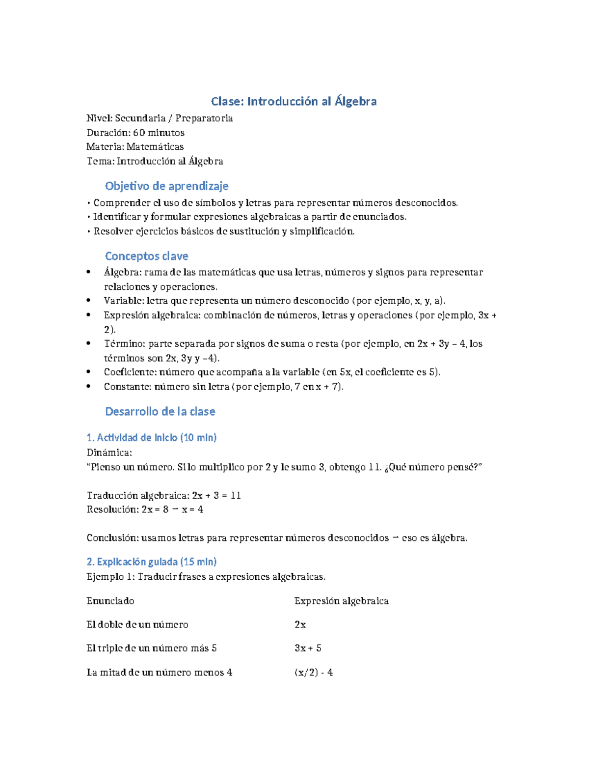 Clase: Introducción al Álgebra - Secundaria Preparatoria - Studocu