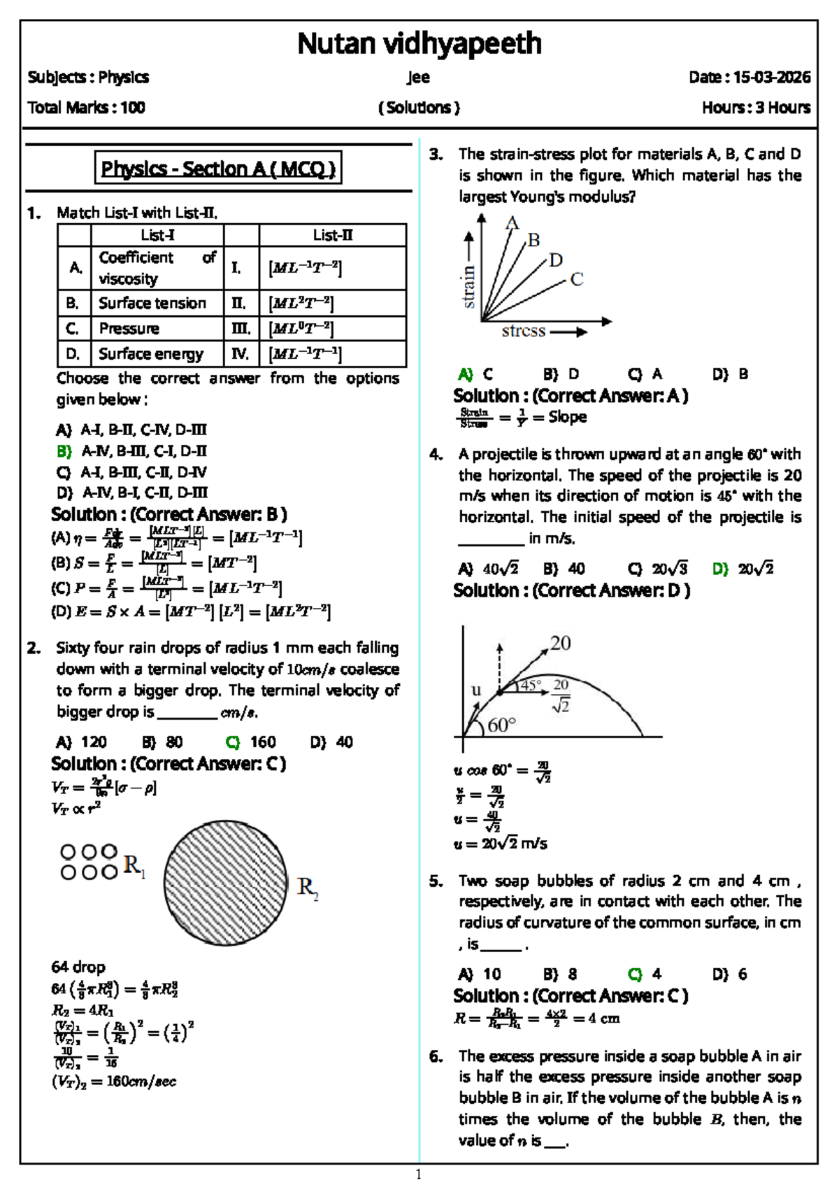 Physics JEE Mains 181 Exam Solutions and Answers - Studocu