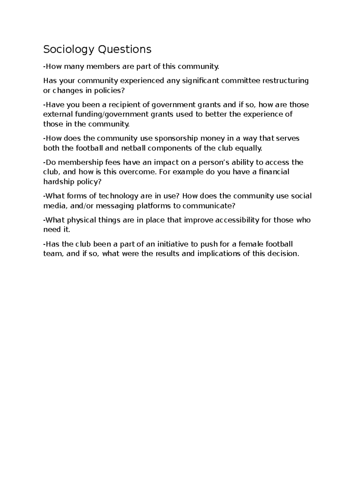 Sociology Questions: Community Restructuring & Policy Changes - Studocu