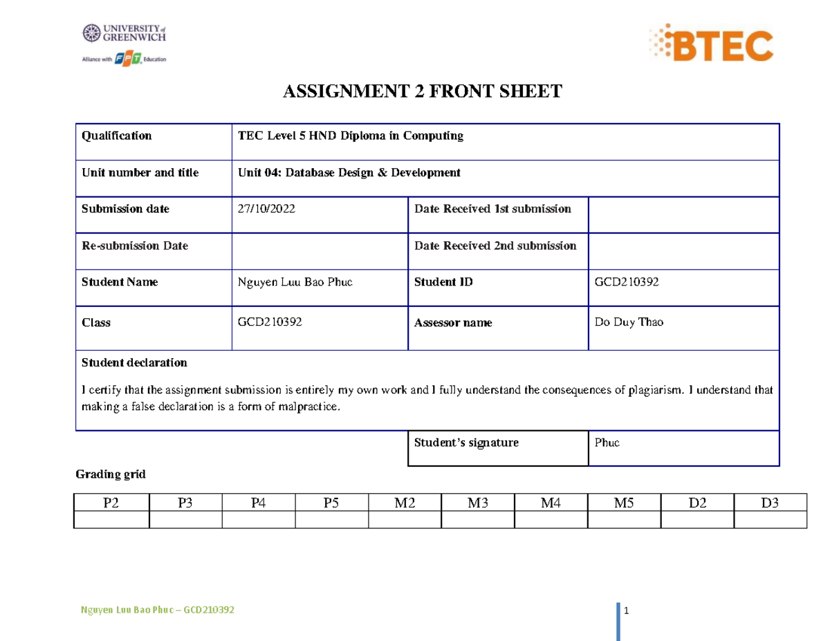 1622 ASM 2 Pass - 1622 ASM 2 Pass - ASM Pass grade - ASSIGNMENT 2 FRONT SHEET Qualification TEC ...