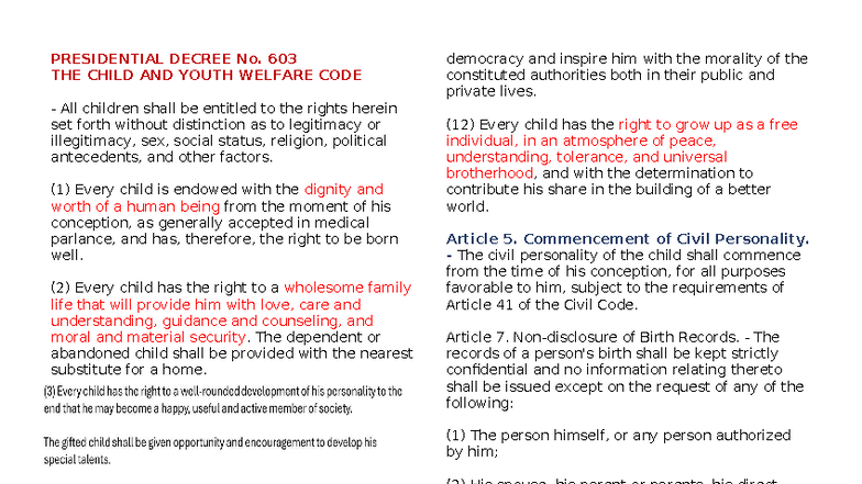 PRESIDENTIAL DECREE No. 603: The Child and Youth Welfare Code - Studocu