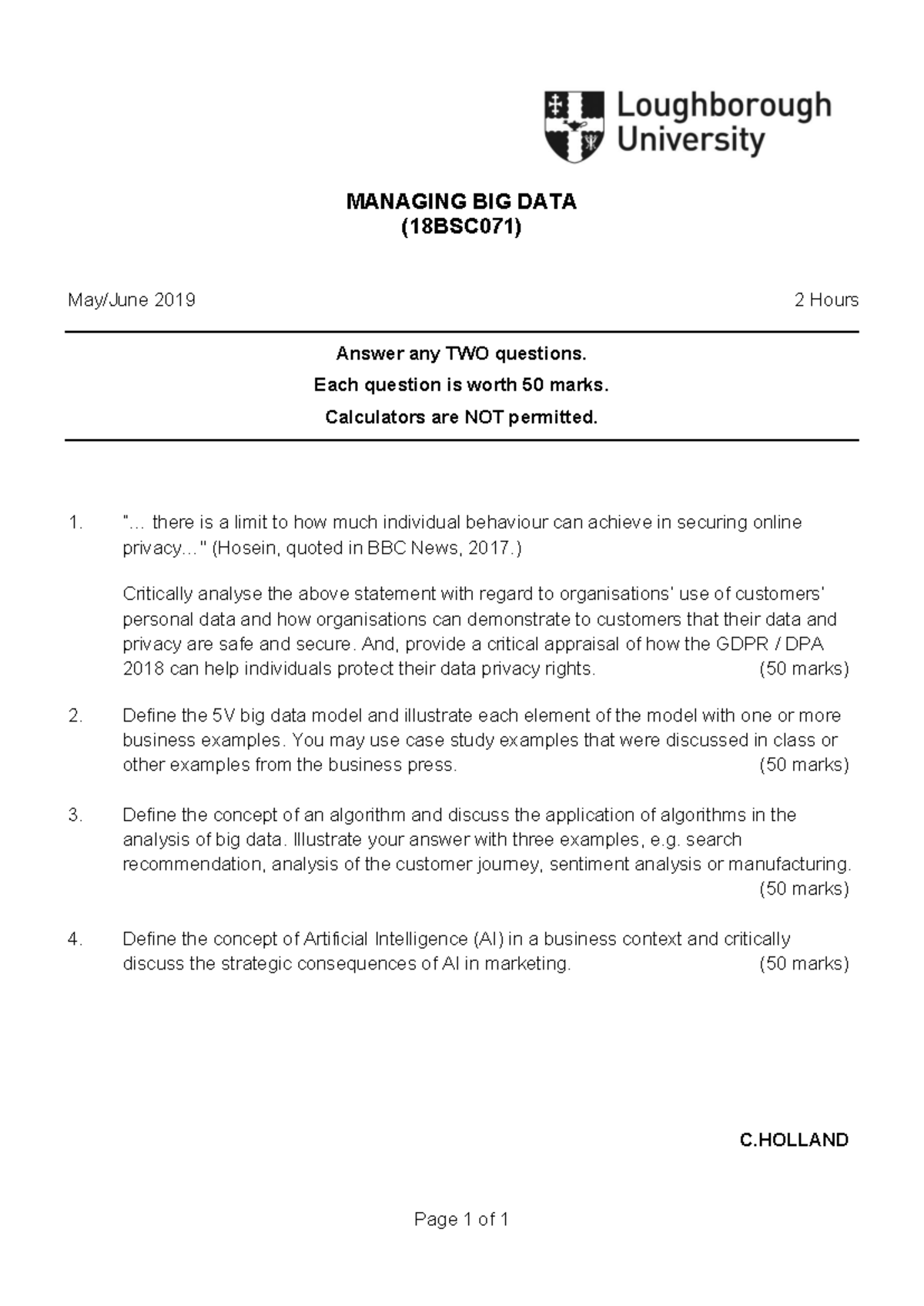 Managing Big Data Exam Questions (18BSC071) - 2019 - Studocu