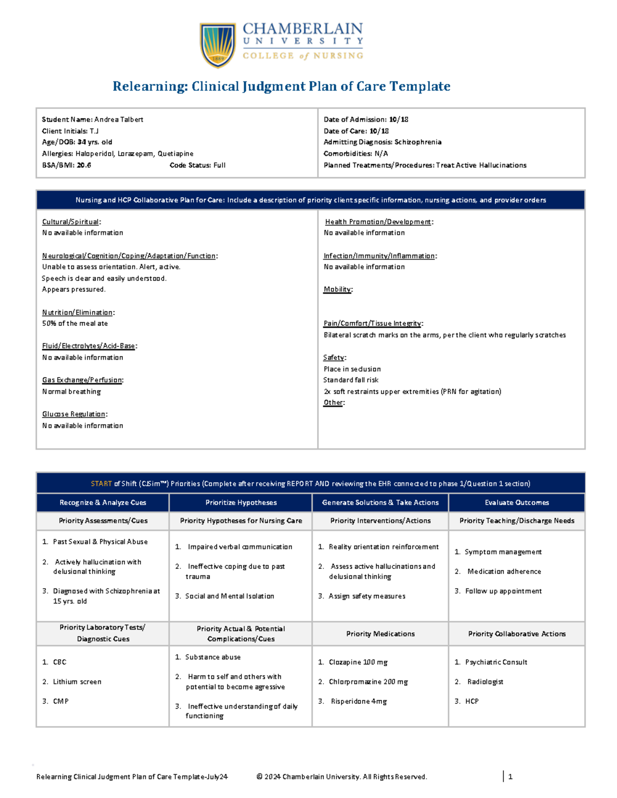 CJSim™ Clinical Judgment Plan of Care Template for Schizophrenia - July ...