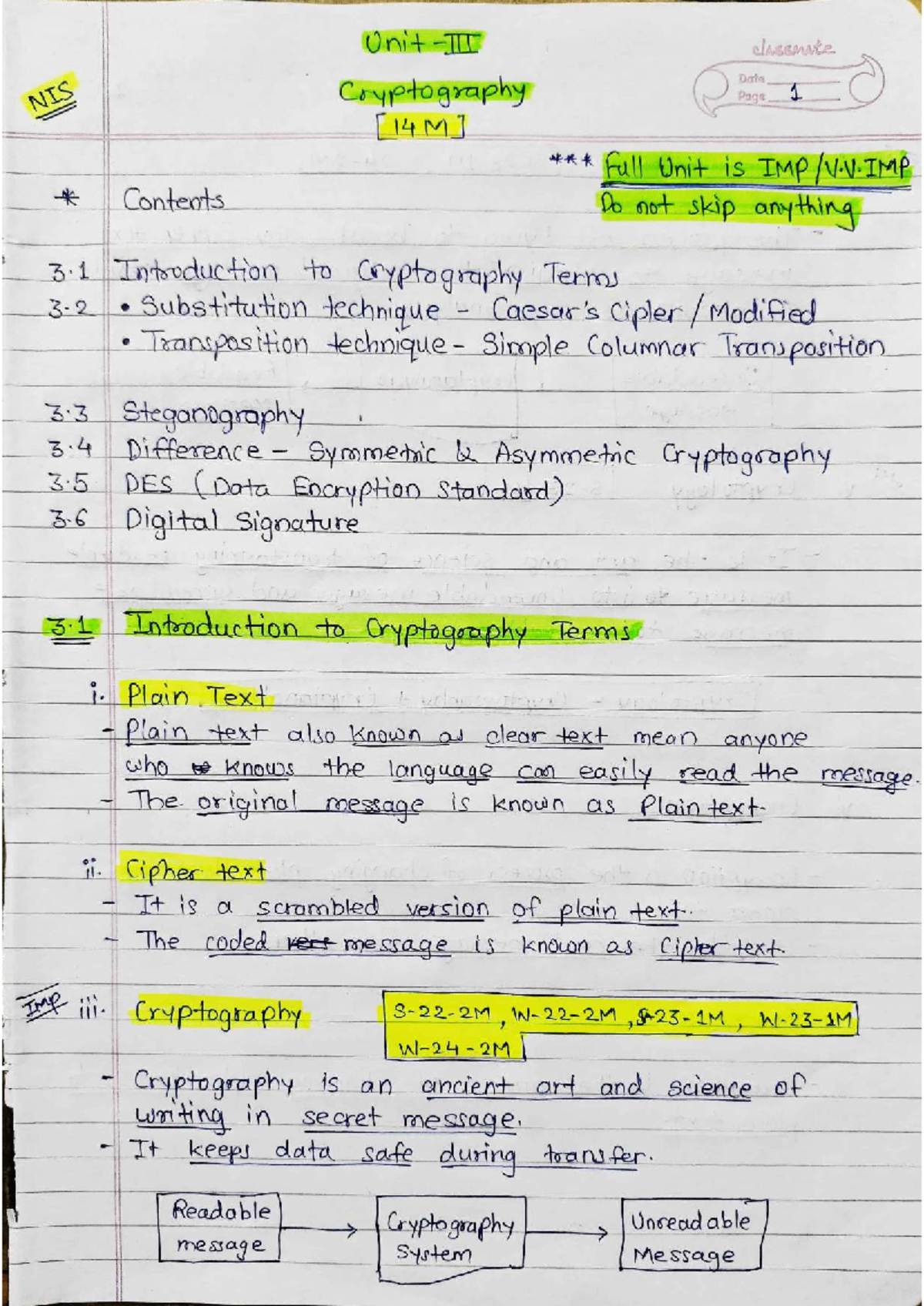 NIS 3 - Comprehensive Lecture Notes on Cryptography Concepts - Studocu