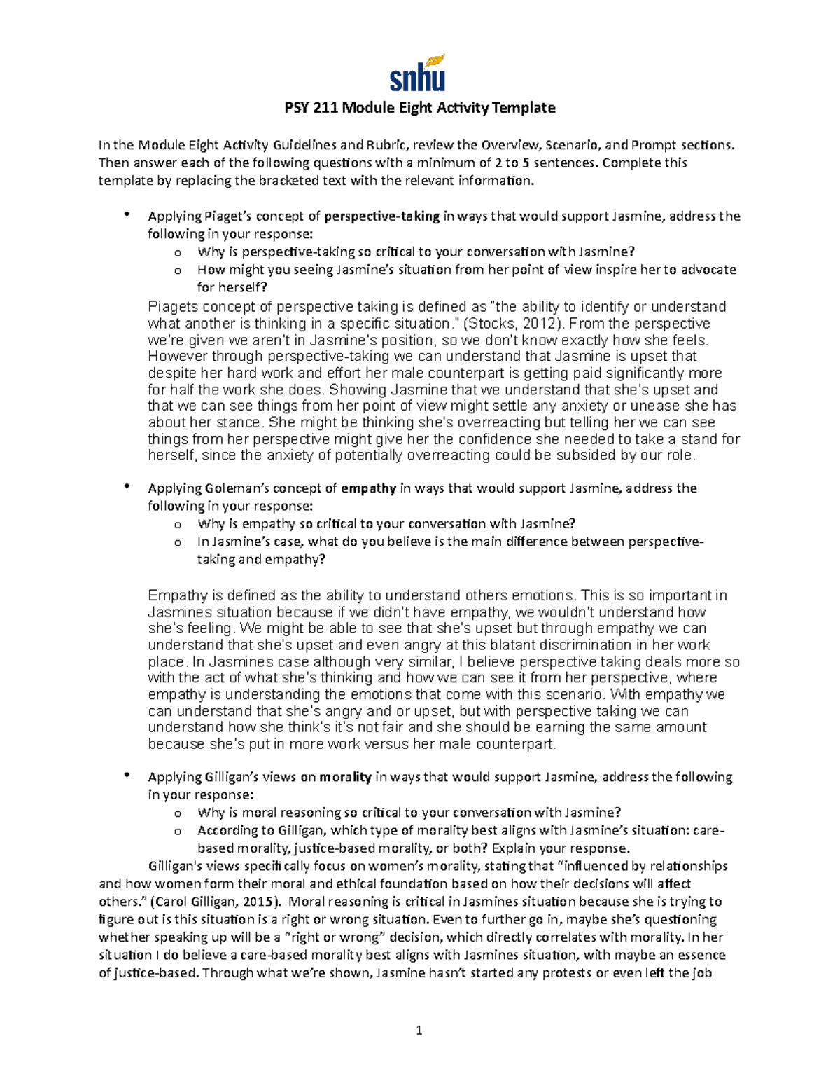 PSY 211 Module Eight Activity Template - PSY 211 Module Eight Ac vity ...