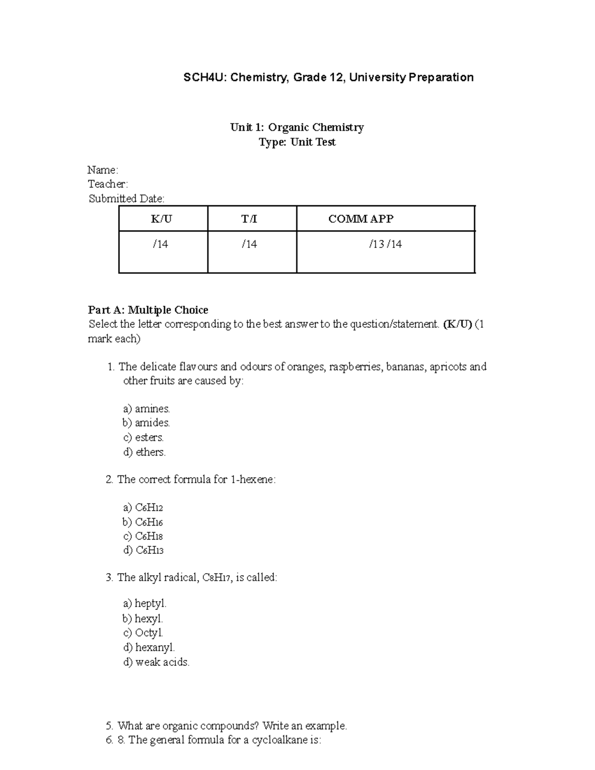 SCH4U: Organic Chemistry Unit Test Preparation Notes - Studocu