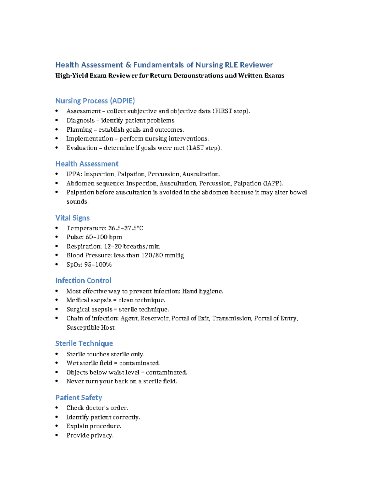 Nursing RLE Reviewer: Health Assessment Fundamentals & Exam Prep - Studocu