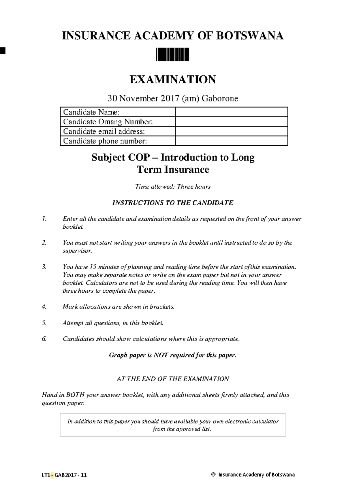COP 2017-11 Final Exam: Introduction to Long Term Insurance - Studocu