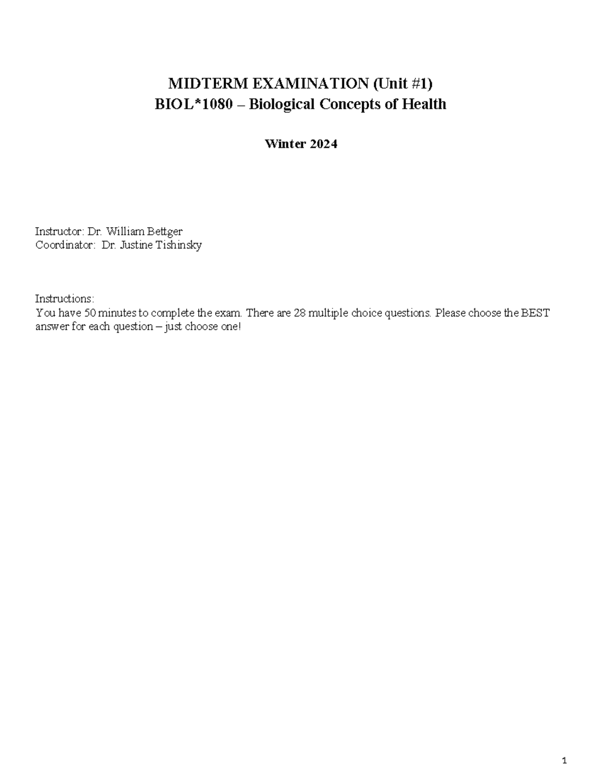 BIOL 1080 Midterm Exam #1: Key Concepts in Biological Health - Studocu