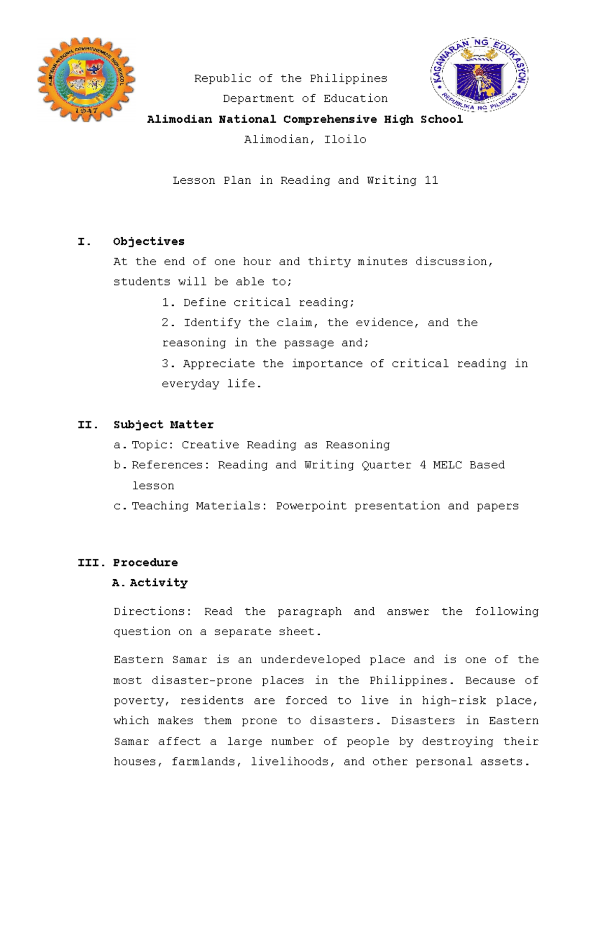 Creative Reading LP - Republic of the Philippines Department of ...