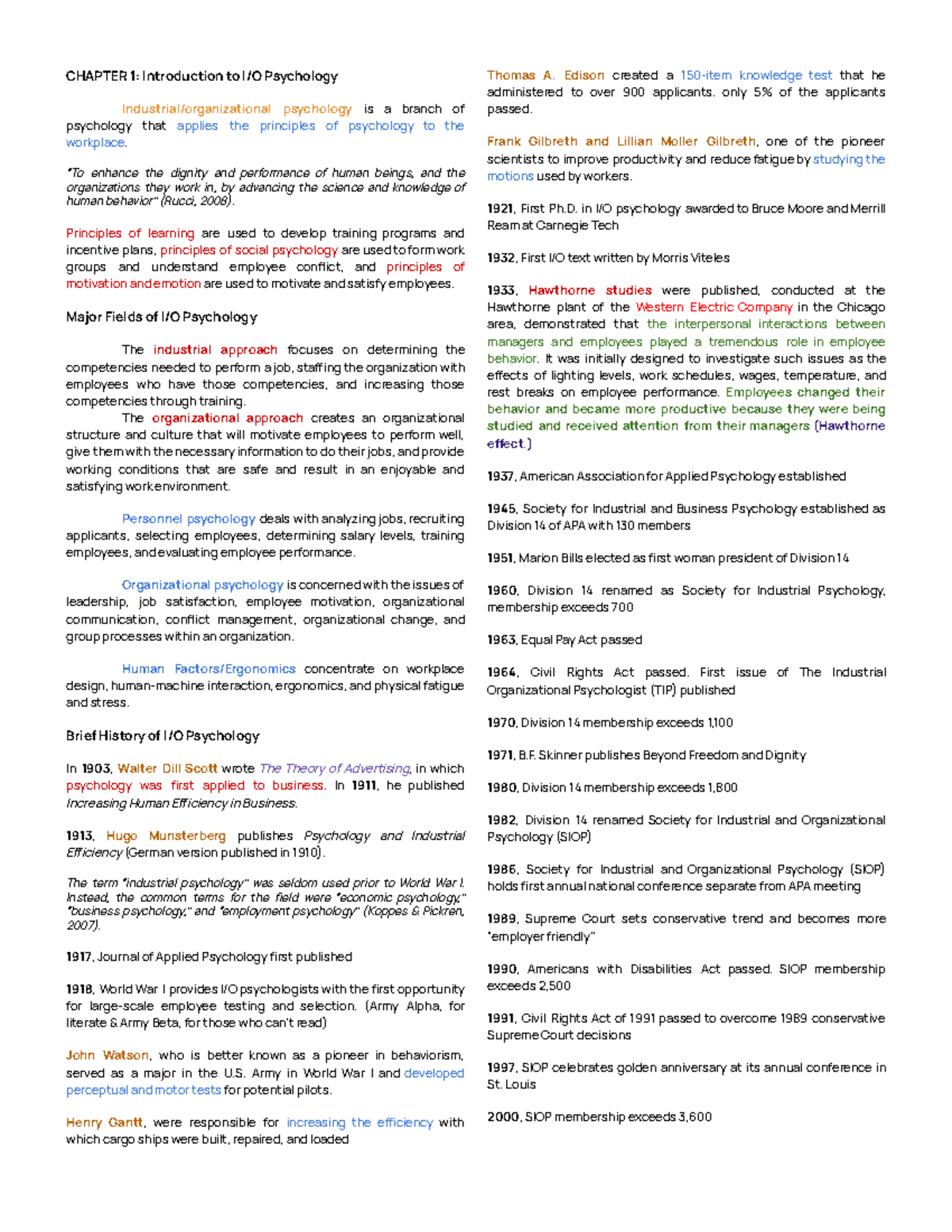 Chapter 1: Introduction to I/O Psychology (PSY 101) - Key Concepts ...