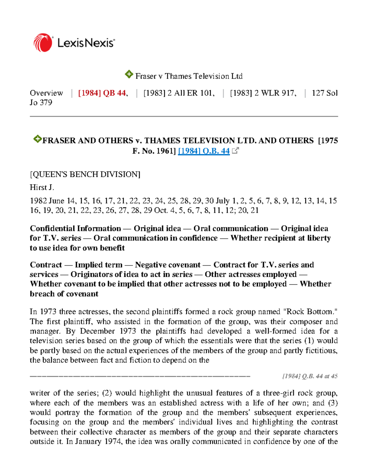 Fraser v. Thames Television Ltd: Breach of Confidence & Contract Case ...