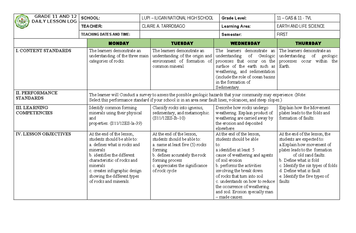 DLL Week 3: Daily Lesson Log for Earth and Life Science (Grade 11 ...