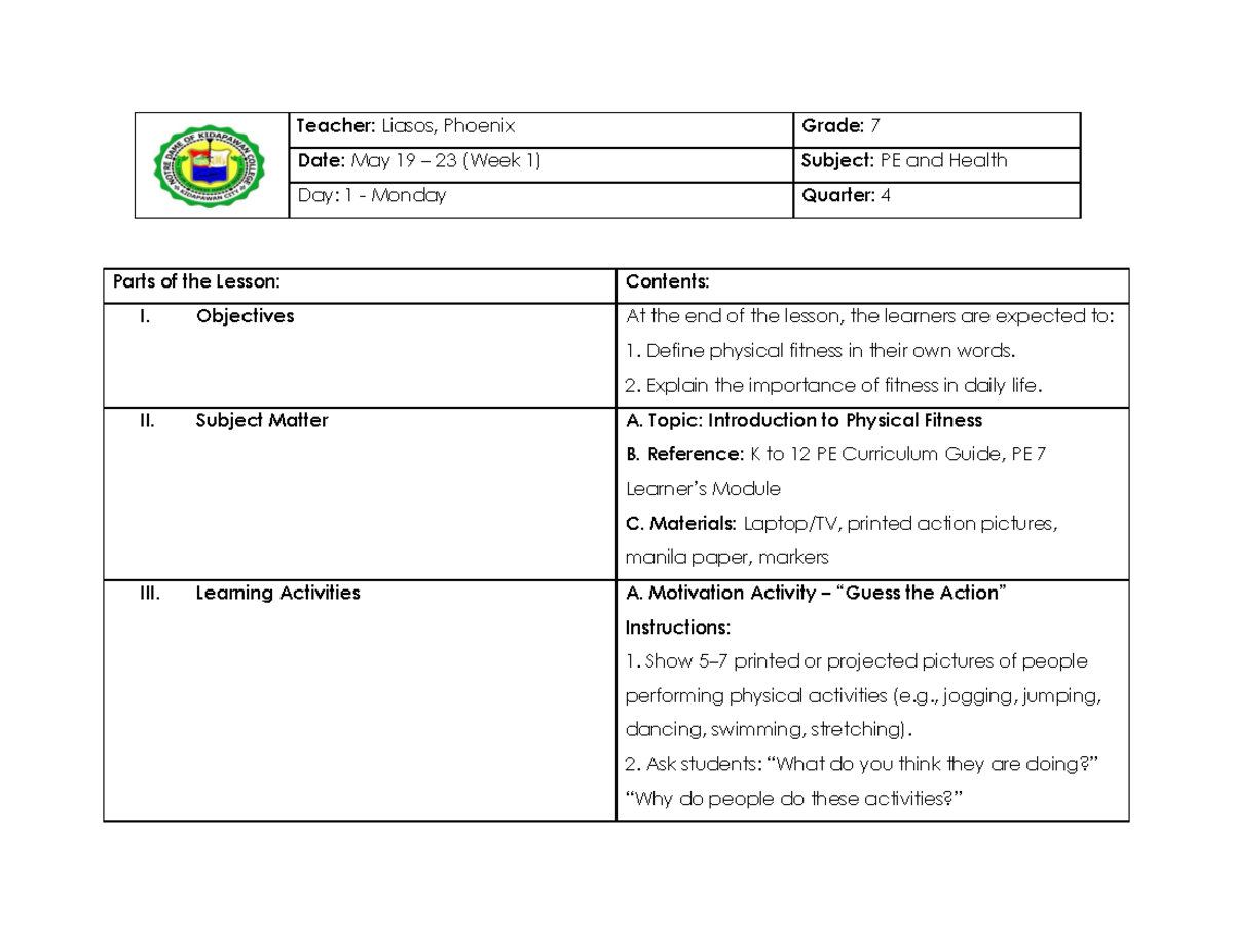DLL- Phoenix Grade 7 PE & Health Lesson Plans (Week 1, Quarter 4) - Studocu