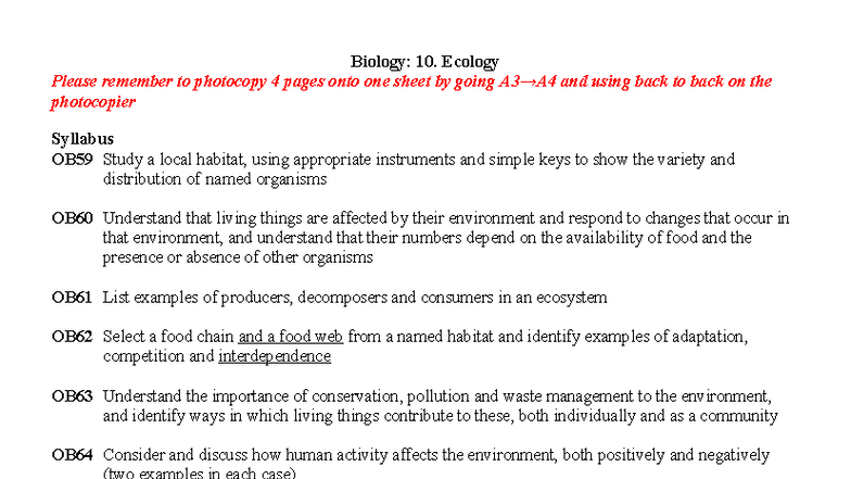 Biology OB59: Ecology Habitat Study and Exam Notes - Studocu