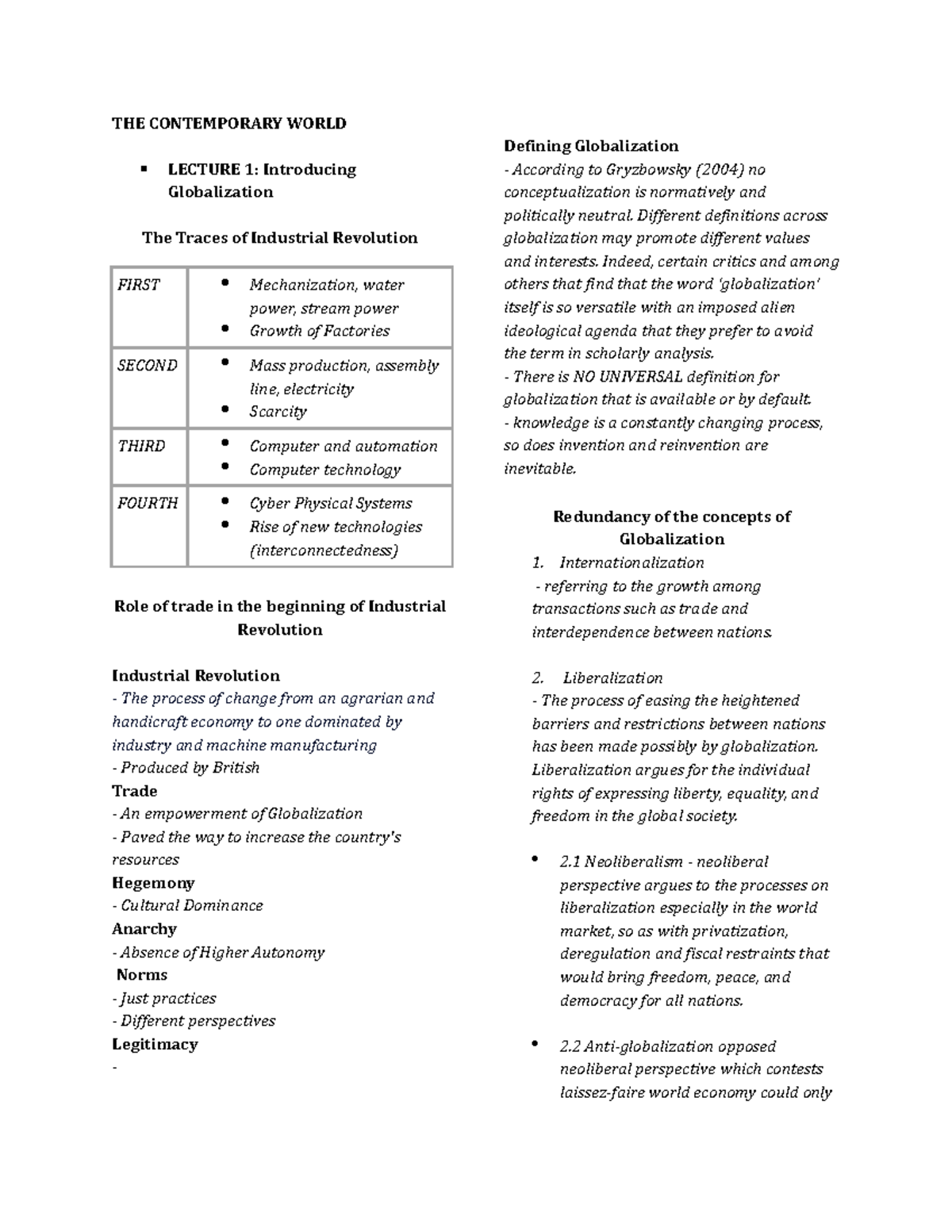 Contemporary world - first term - THE CONTEMPORARY WORLD LECTURE 1 ...