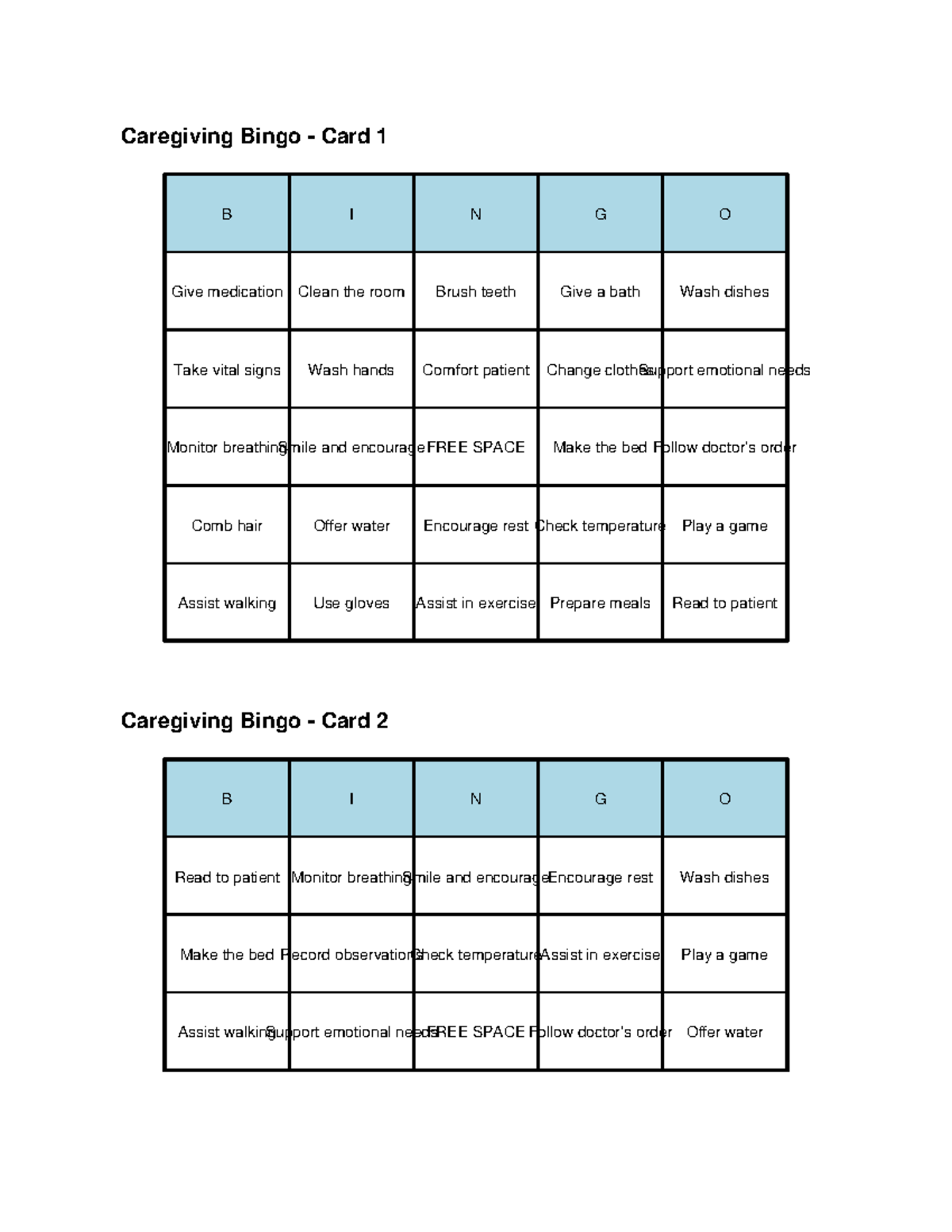 Caregiving Bingo Cards: Activities and Tasks for Caregivers - Studocu