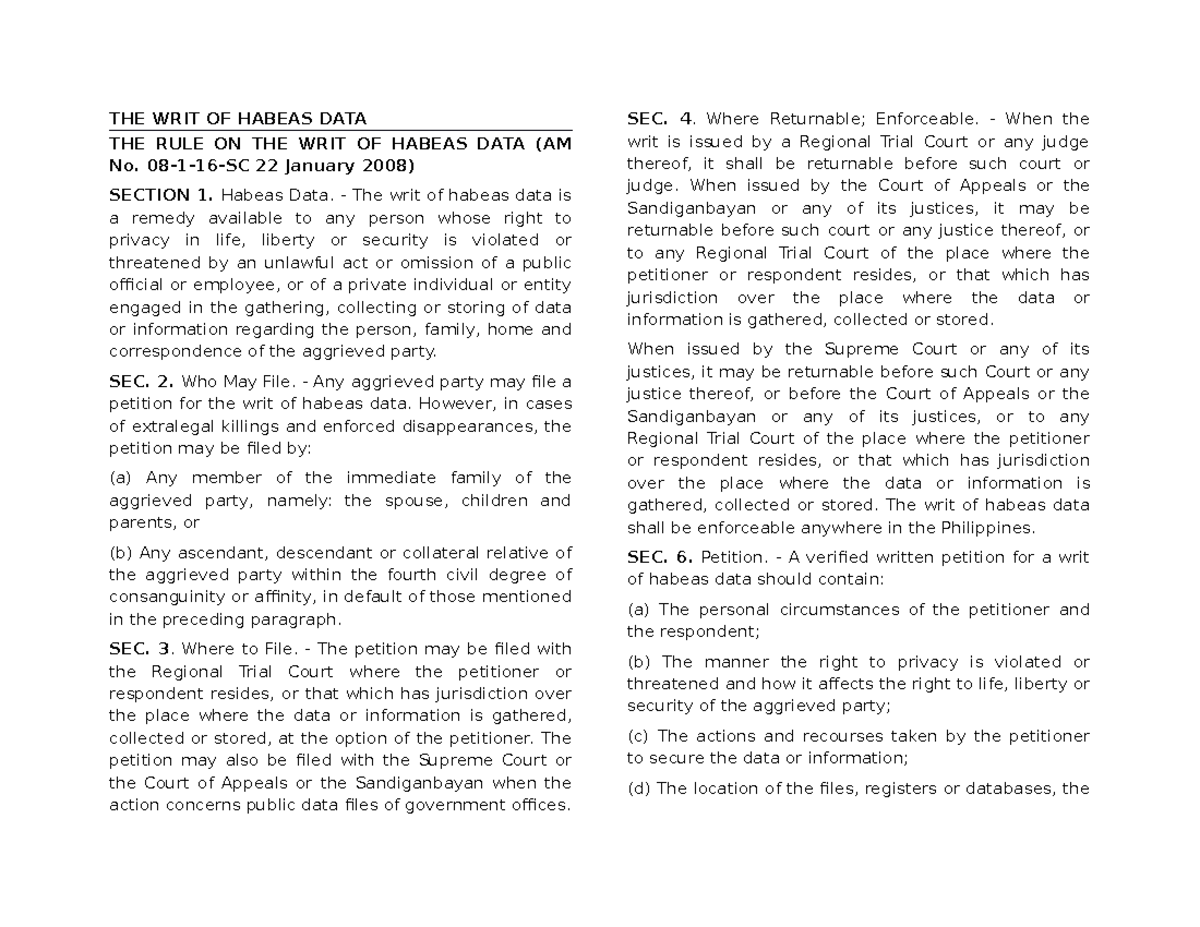 Writ of Habeas Data: Rules, Filing Process, and Case Summaries - Studocu