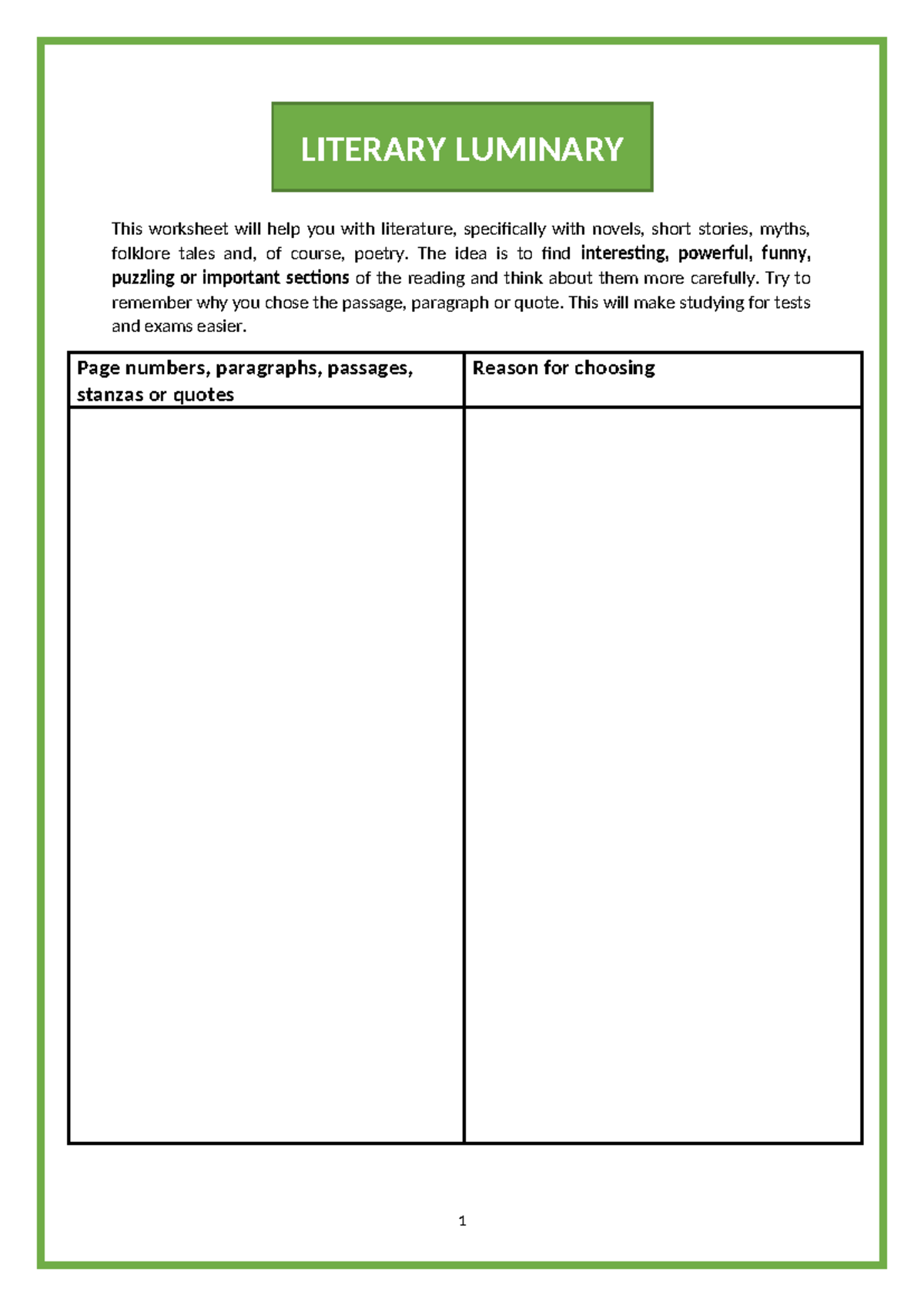 LIT 101: Literary Analysis Worksheet for Novels & Poetry - Studocu