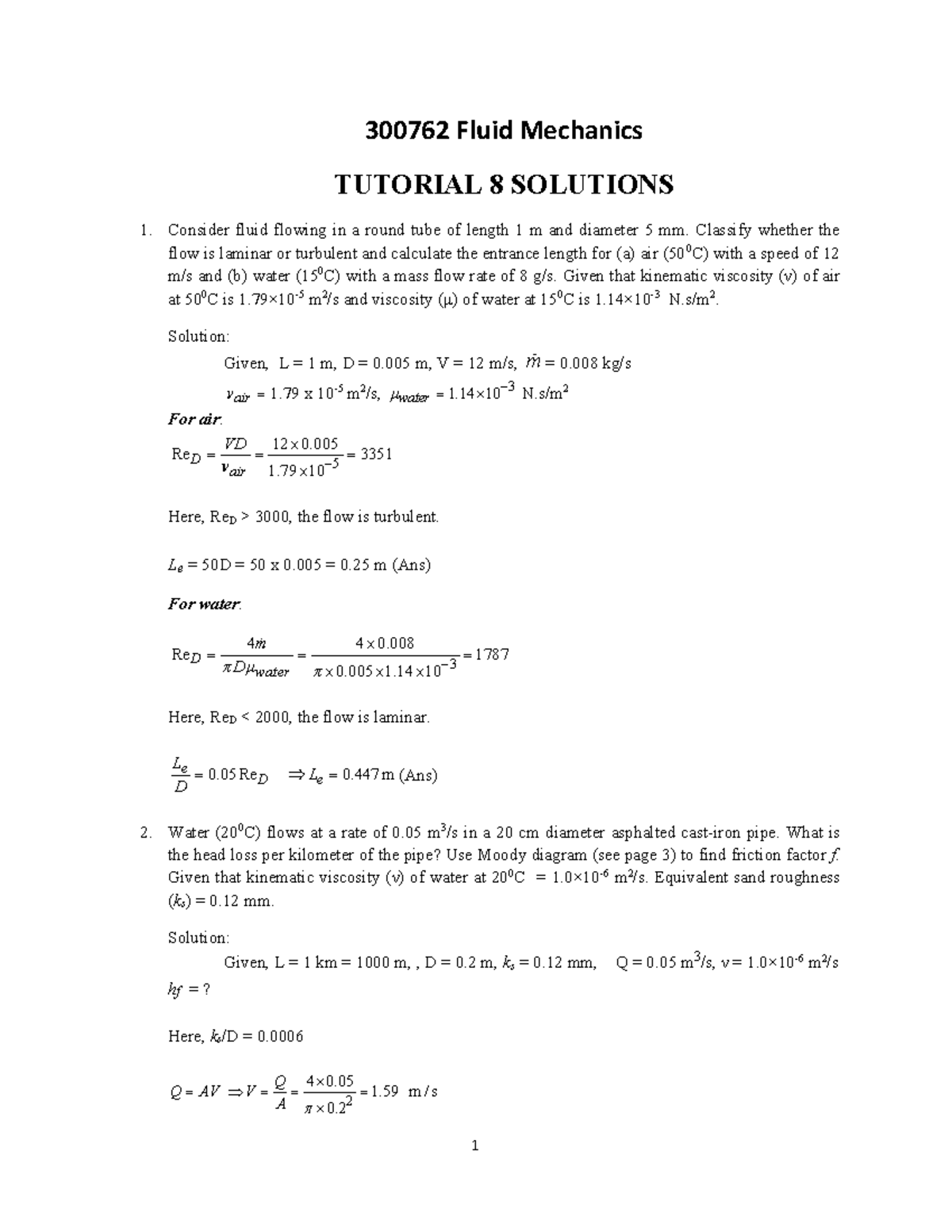 300762 Fluid Mechanics - Tutorial 8 Solutions Detailed Analysis - Studocu