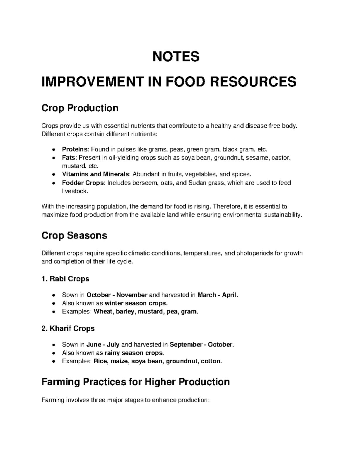 Crop Production Notes: Improvement in Food Resources - Studocu