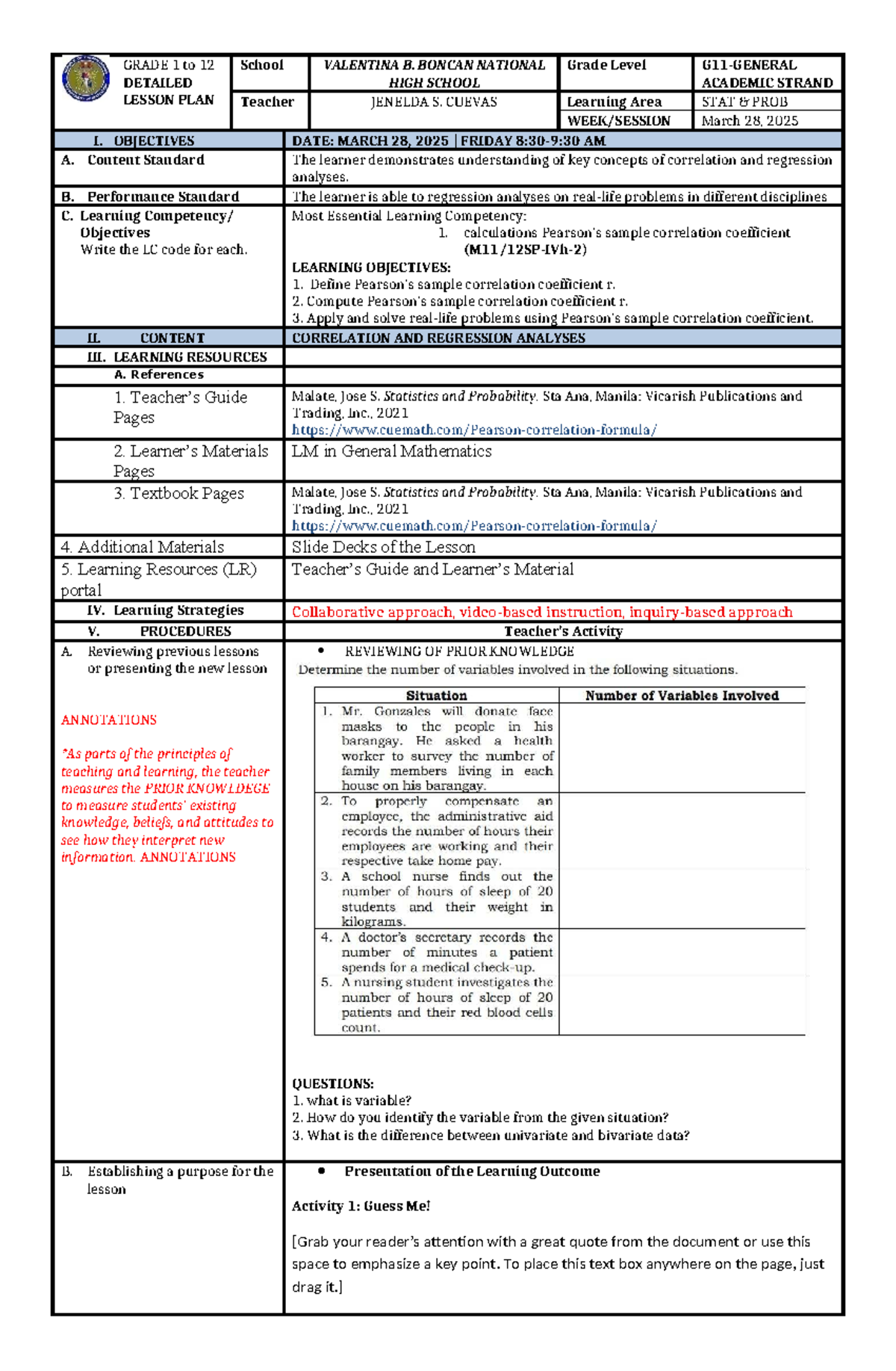Detailed Lesson Plan on Correlation and Regression Analyses (STAT PROB ...