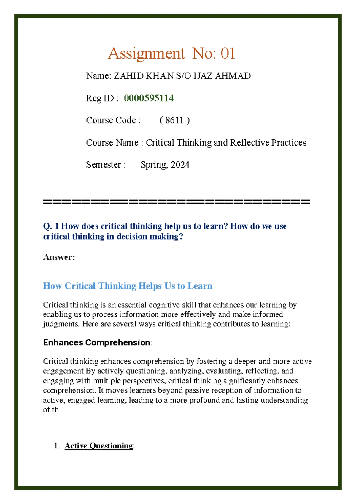 8611 - Assignment questions - ALLAMA IQBAL OPEN UNIVERSITY, ISLAMABAD (Department of Educational ...