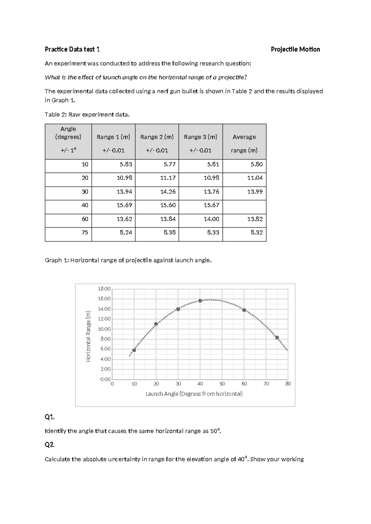 01 Physics Projectile Motion Test Data Analysis and Findings - Studocu