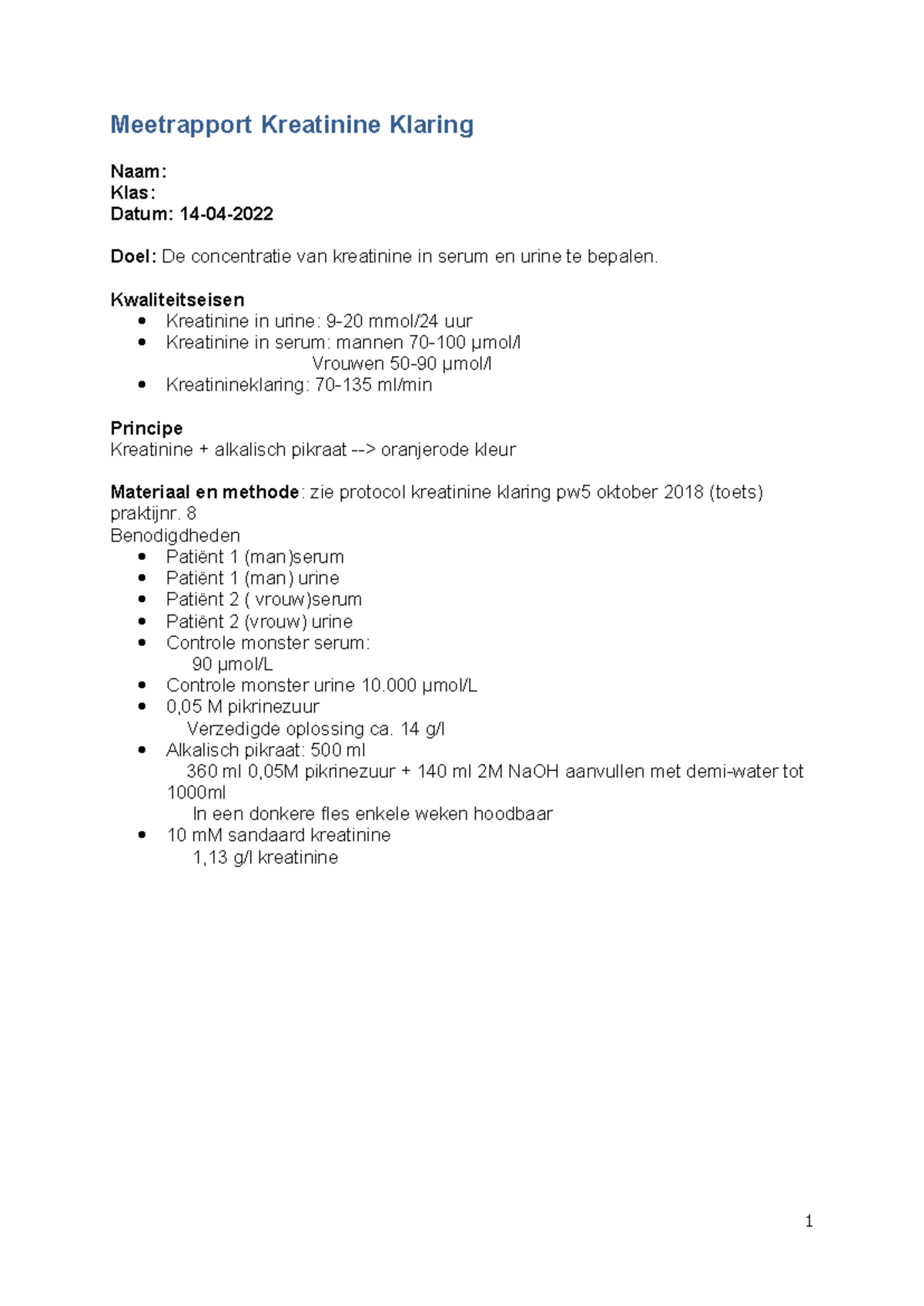 Meetrapport Kreatinine Klaring P5: Analyse en Resultaten - Studeersnel