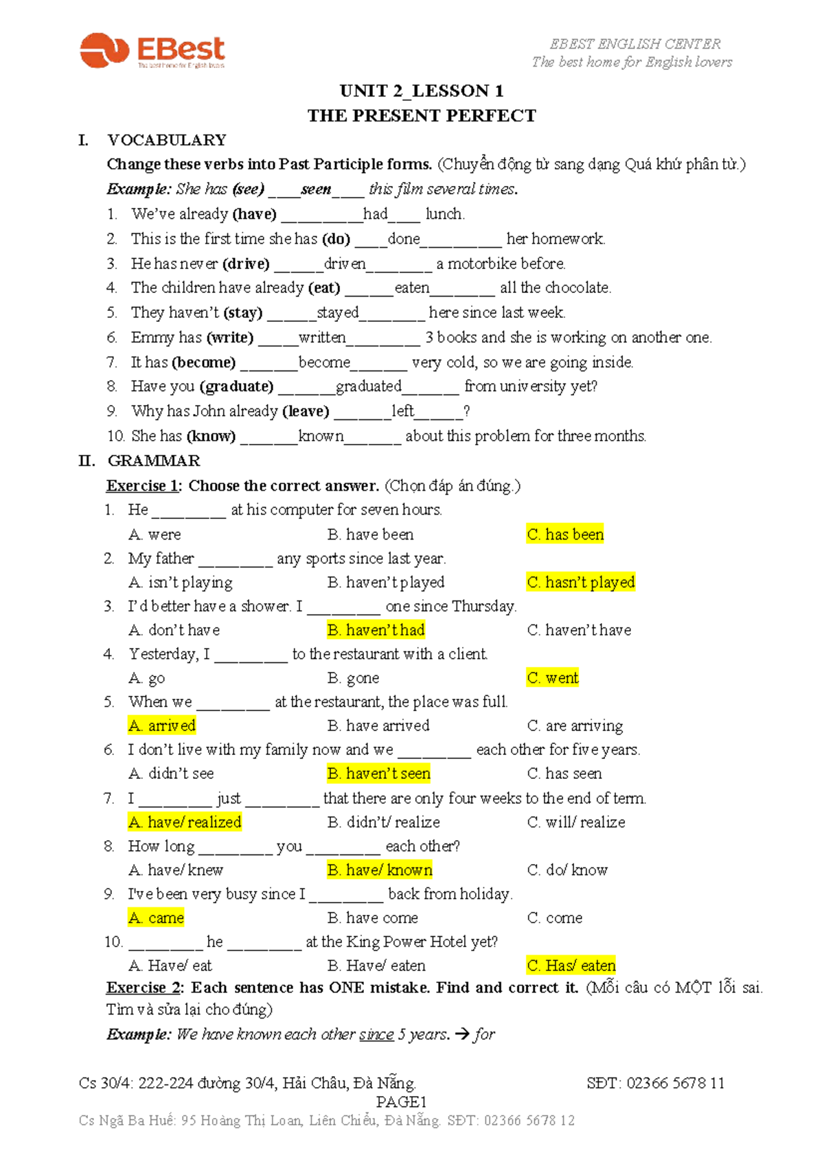 EBEST ENGLISH CENTER: Unit 2 Lesson 1 - The Present Perfect - Studocu