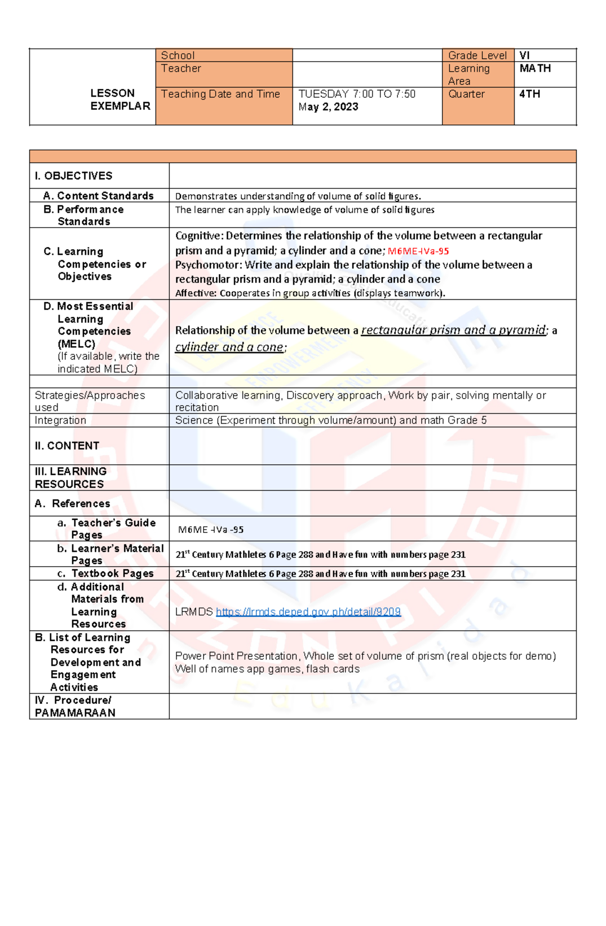 MATH 4TH Grade Lesson Plan: Volume of Solid Figures (May 2, 2023) - Studocu