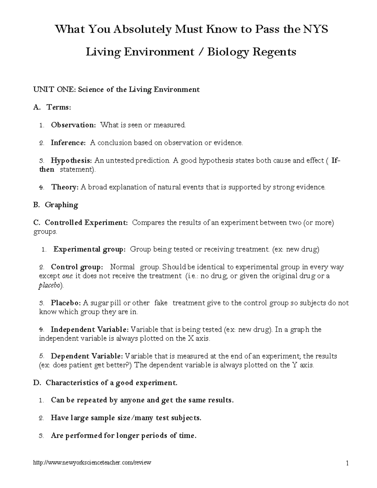 Essential Concepts for the NYS Living Environment Biology Regents Exam ...