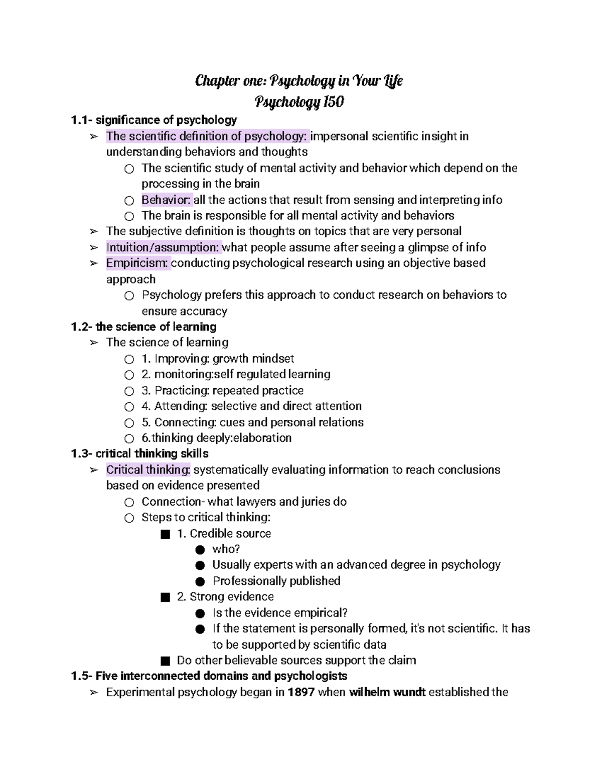 Psychology 150: Lecture Notes on Chapter 1 - Introduction to Psychology ...