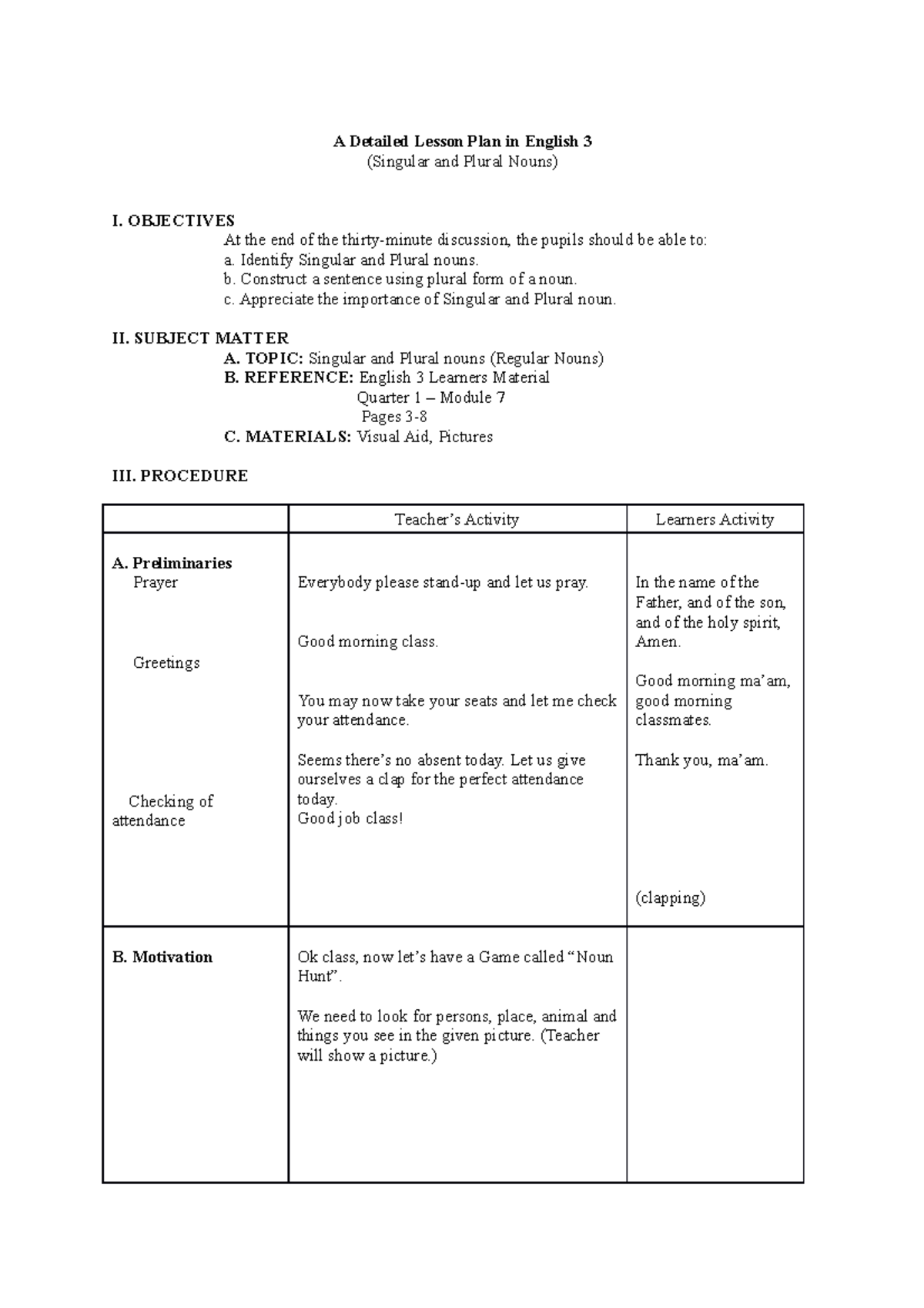 English 3 Detailed Lesson Plan: Singular and Plural Nouns - Studocu