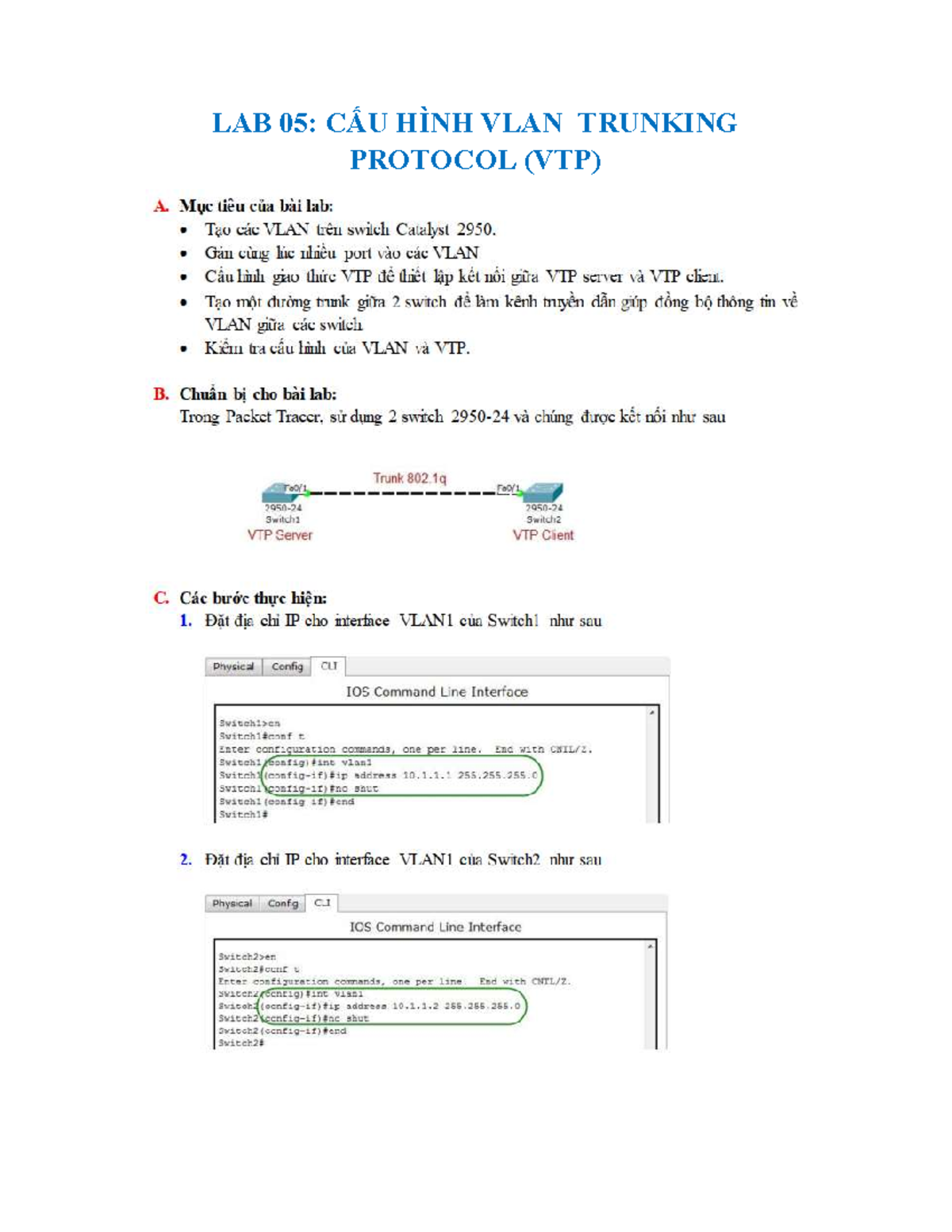 LAB 05: VLAN Trunking Protocol (VTP) Configuration and Testing - Studocu