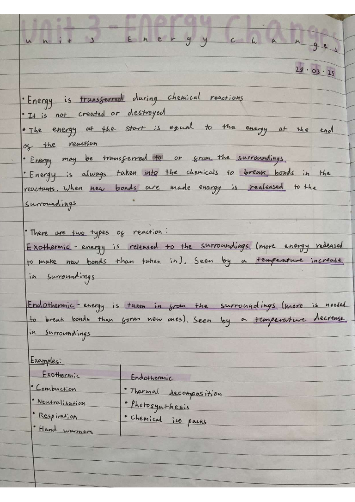 Combined Science Chemistry Notes: Energy Changes in Reactions - Studocu