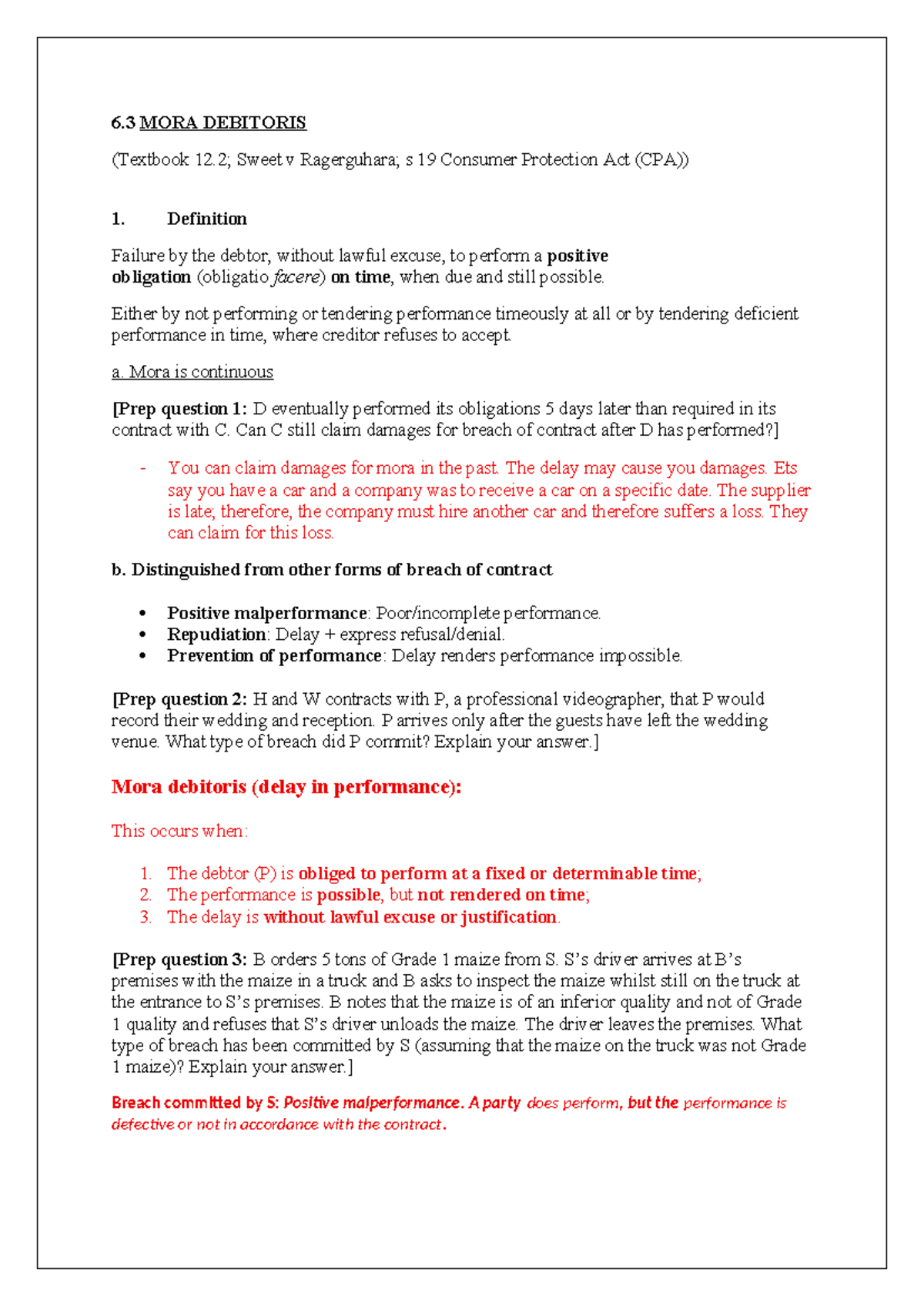 6.3 Mora Debitoris: Understanding Delay in Debtor Performance - Studocu