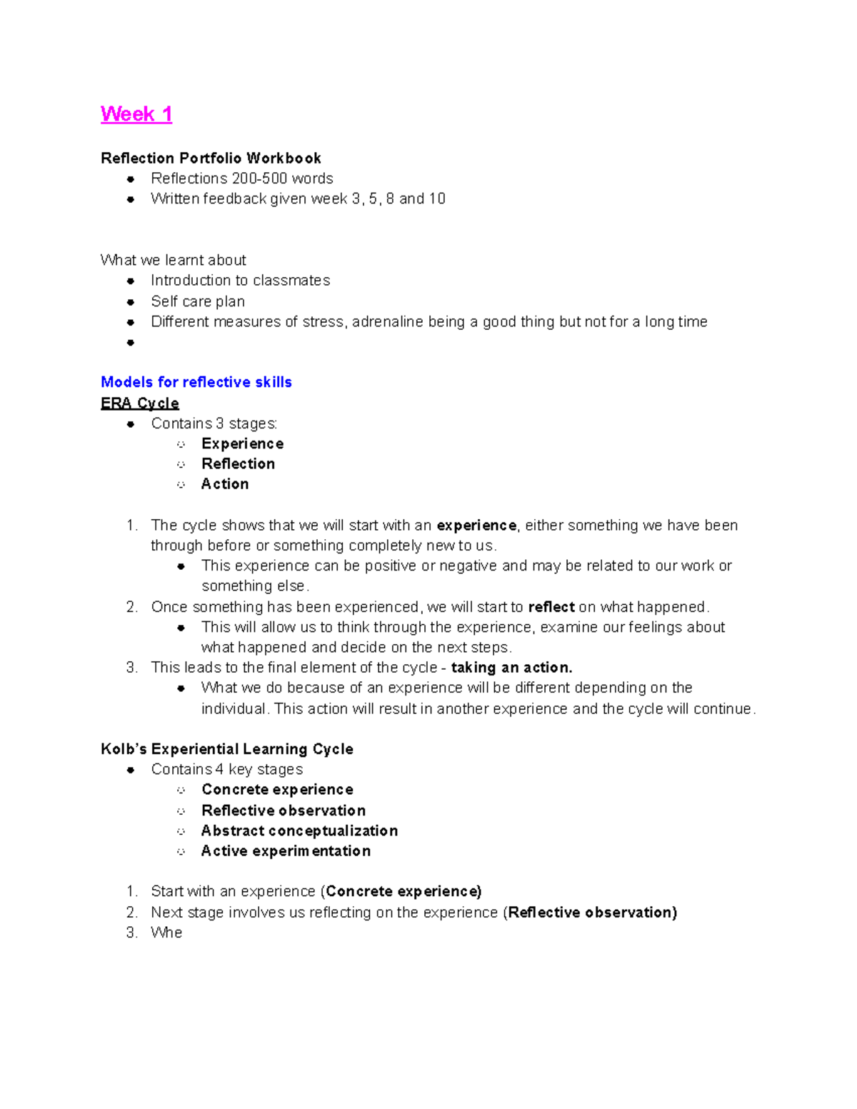 Week 1 Reflection Portfolio: Experiential Learning Insights - Studocu