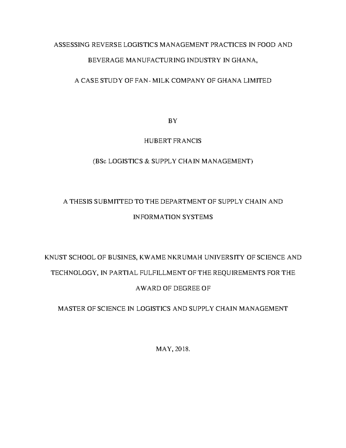 Assessing Reverse Logistics Management Practices: A Case Study of Fan ...
