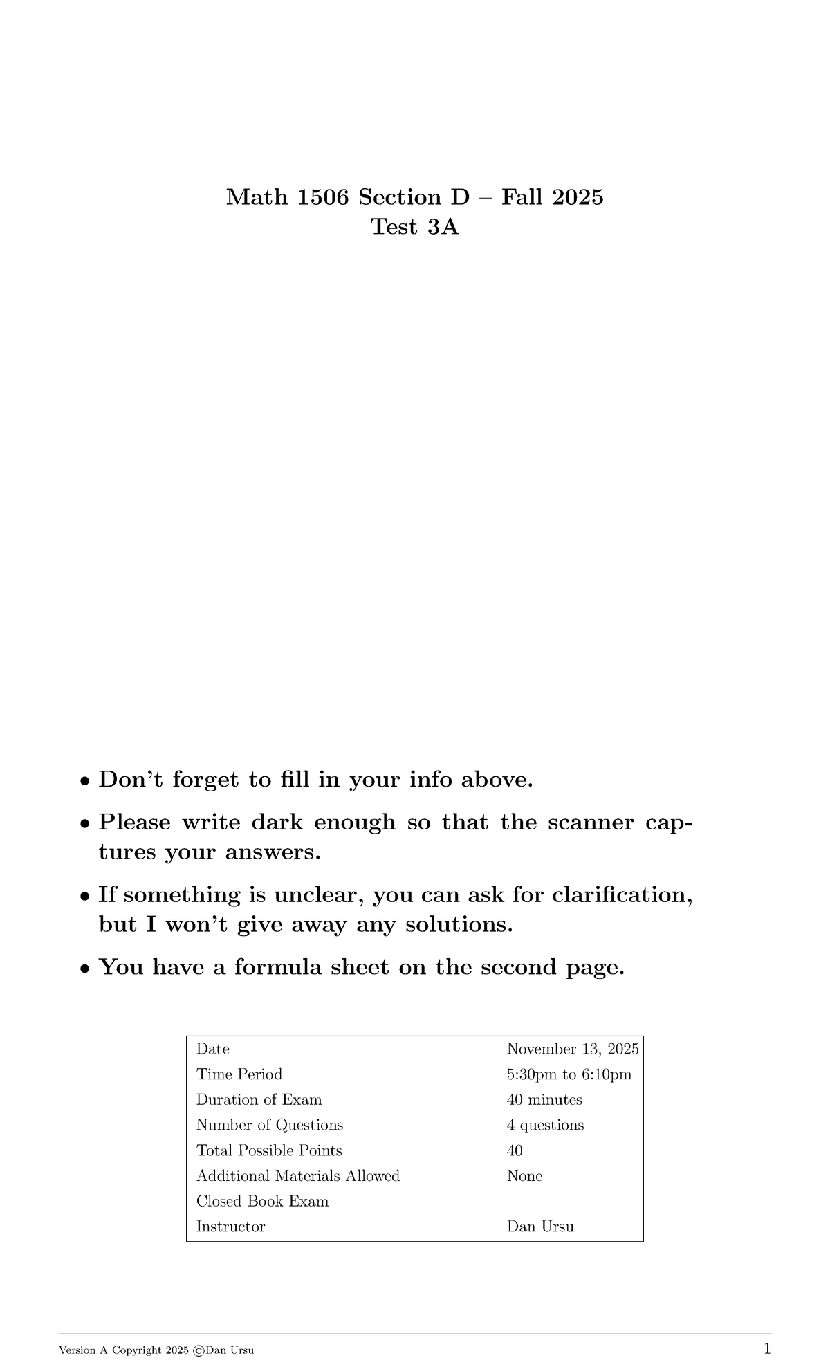 Math 1506 Section D Fall 2025 Test 3A Solutions - Studocu