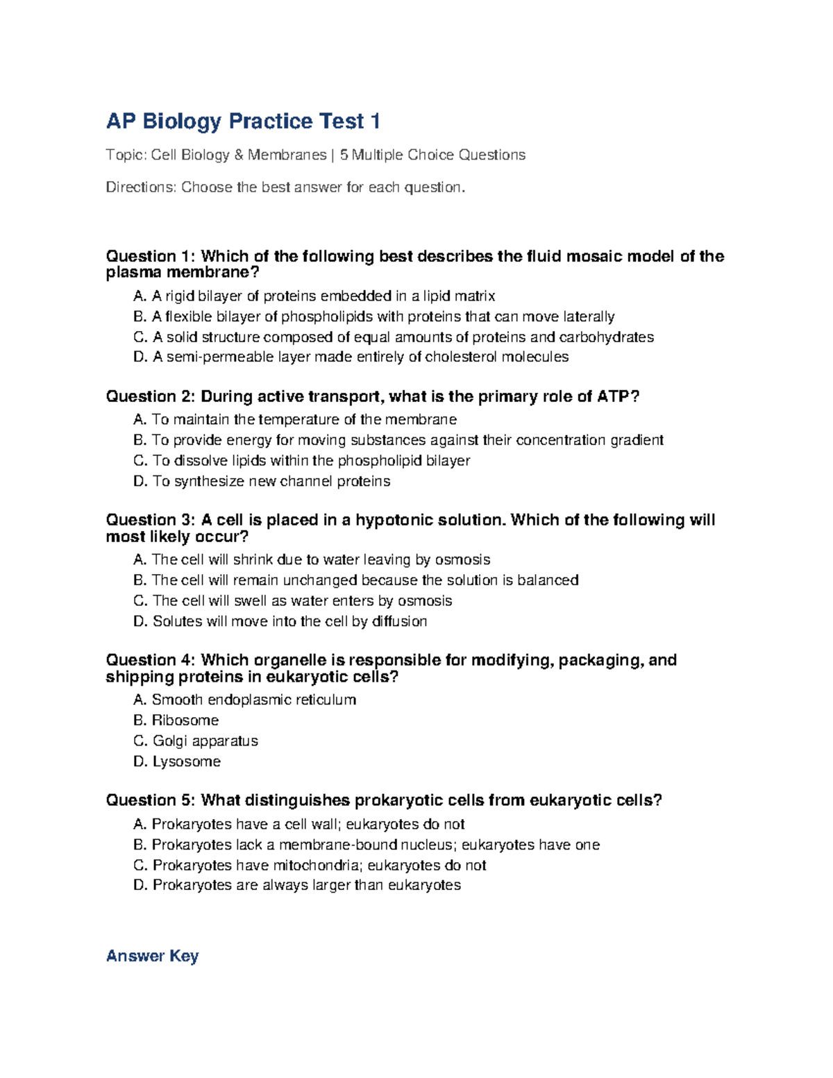 AP Biology Practice Test 1: Cell Biology MCQs - Studocu
