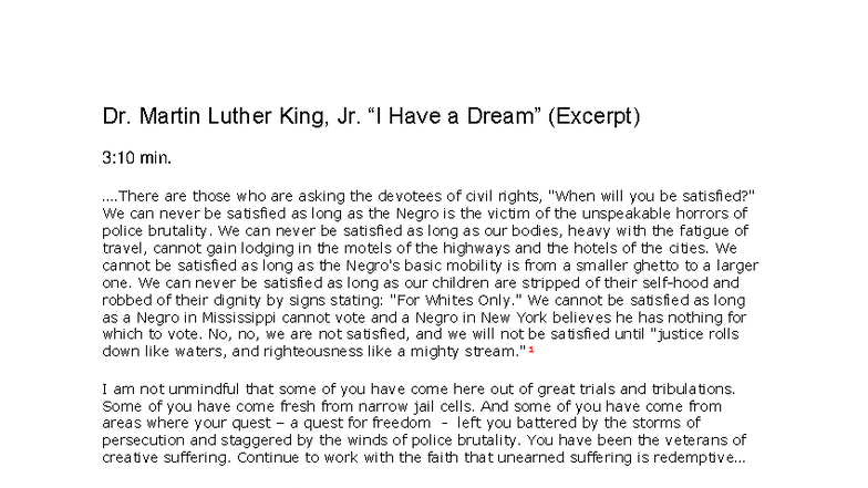 Dr. Martin Luther King, Jr. - I Have a Dream Excerpts - Studocu
