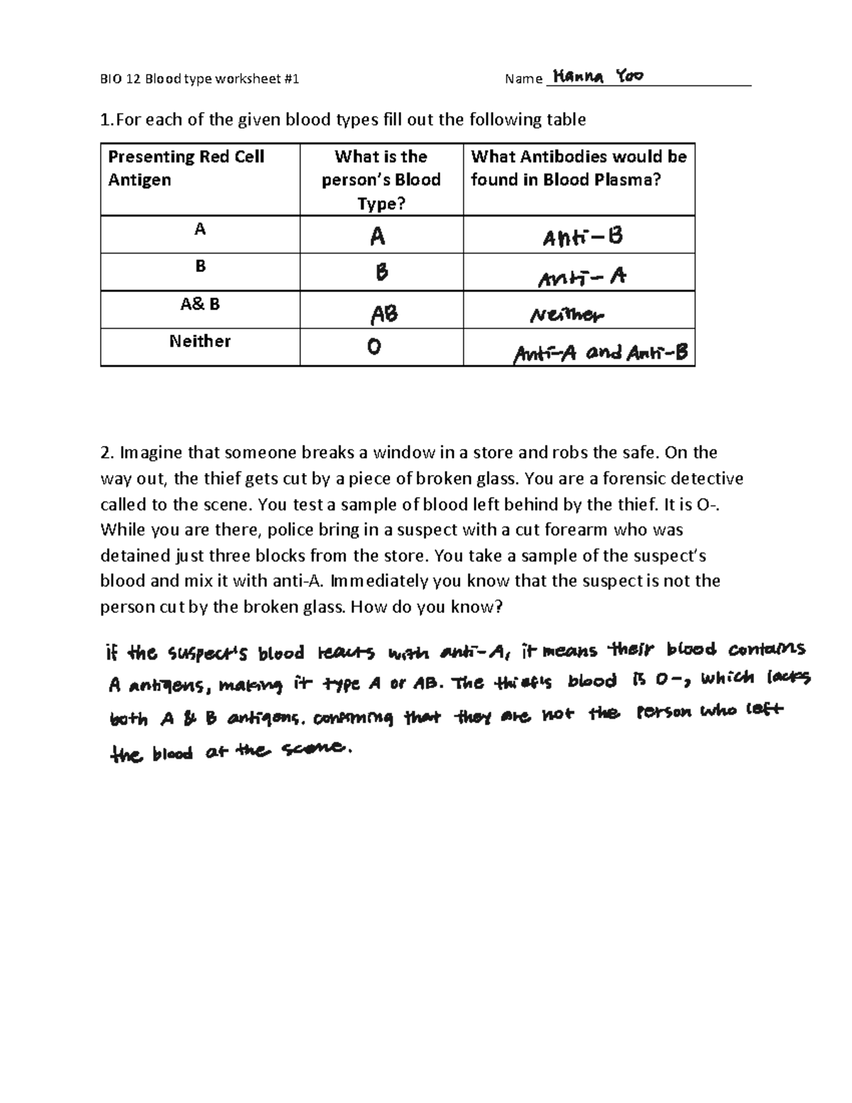 Blood type questions SP 23 - BIO 12 Blood type worksheet #1 Name
